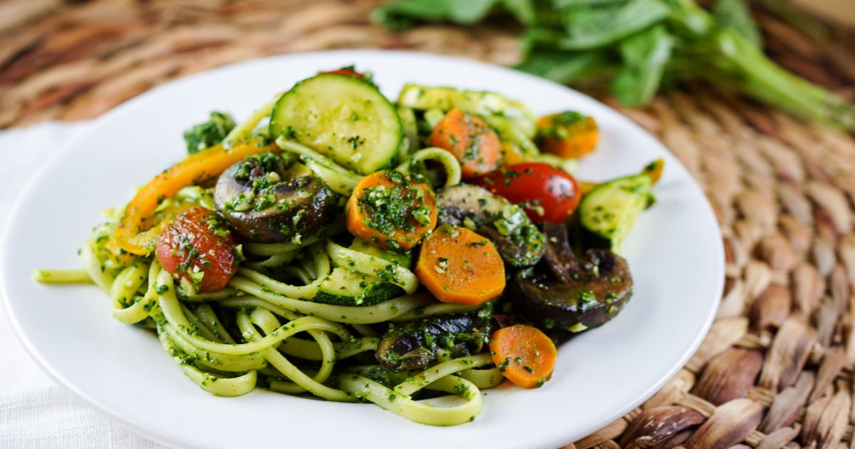 Pasta Primavera with Spinach Pesto - Slender Kitchen